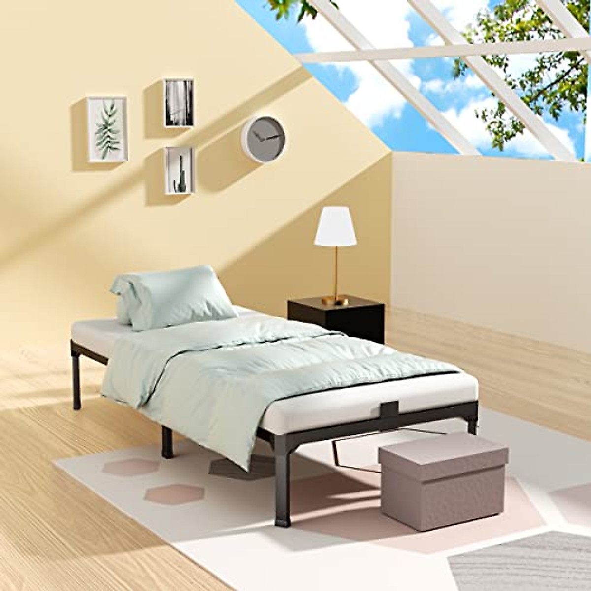 ROIL 14 Inch Twin Size Bed Frame with Mattress Slide Stopper - Single Black Basic Anti Squeak Steel Slats Metal Platform, Heavy Duty Noise Free Easy Assembly Bedframes, No Box Spring Needed