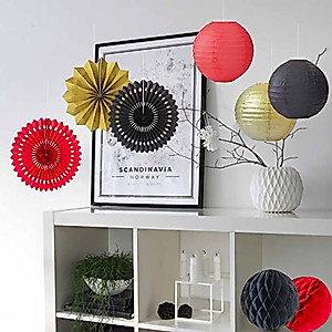 ANSOMO Black Red and Gold Party Decorations Paper Fans Lanterns Tissue Pom Poms Wall Hanging Decor Supplies Bridal Baby Shower Birthday Wedding Graduation