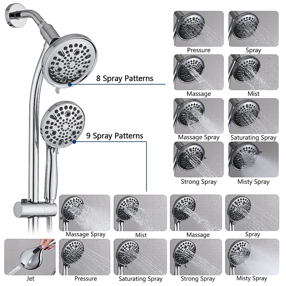 UCLIMAA Rainfall Shower Head with Handheld Shower Spray, with 26" Drill Free Adjustable Height Slider Bar, High Pressure Dual Shower Head Combo, 3-Way Diverter for Easy Reach, 5Ft Hose - Chrome Finish