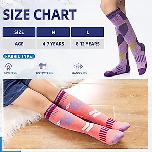 Kids Ski Socks Merino Wool Winter Warm Thermal Hiking Snowboarding Knee High Heavy Boot Socks for Toddler Boys Girls 2 Pairs(Pink/Purple, 8-12 Years)
