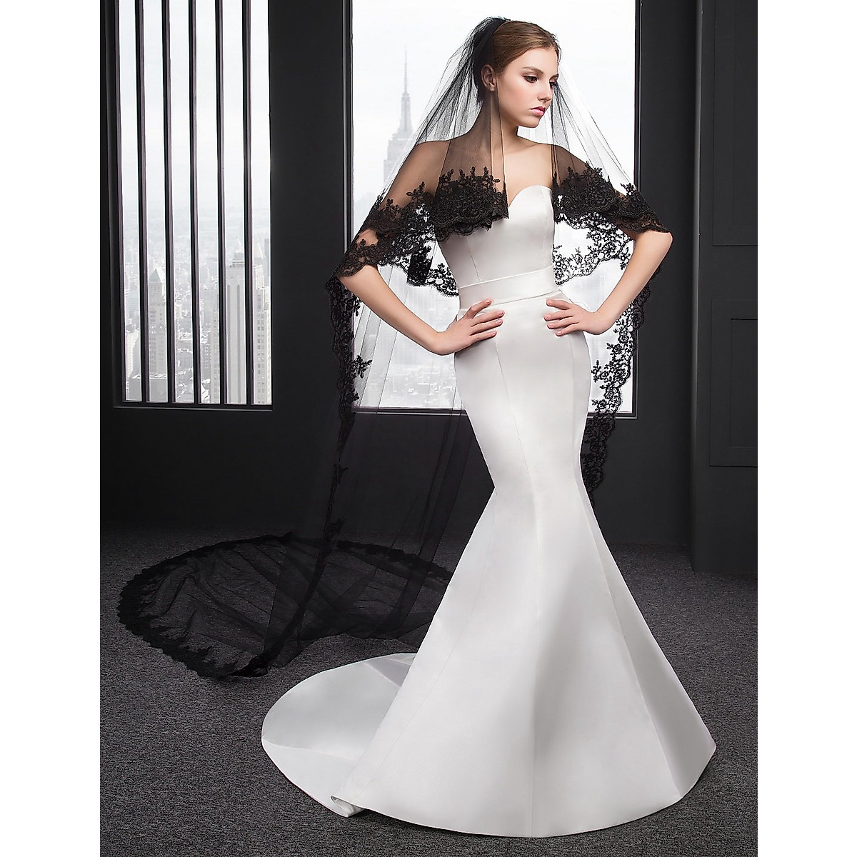 Cibelle Black Wedding Veil 2 Layers 3 Meters Long Lace Bridal Veil with Metal Comb