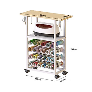 RJOKMT Rolling Craft Storage Cart with Crafting Table Organization Workstation - Compact Removable Design, Craft Storage and Organization Solution with 24 Vinyl Roll Holders (White, 29.3" H)