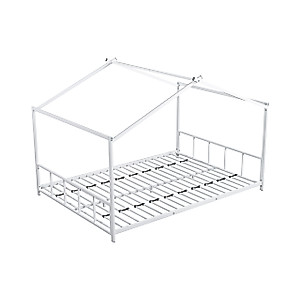 DNYN Full Size Metal House Bed with Roof Design for Kids Bedroom,Sturdy Steel Bedframe,No Box Spring Needed, White