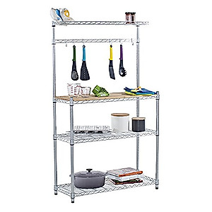 TRINITY EcoStorage Bakers Rack and Pantry Organizer with 3 Shelves, Removable Bamboo Work Surface, and Hooks for Kitchen Organization and Food Preparation, Chrome, 36” W x 14” D x 60” H