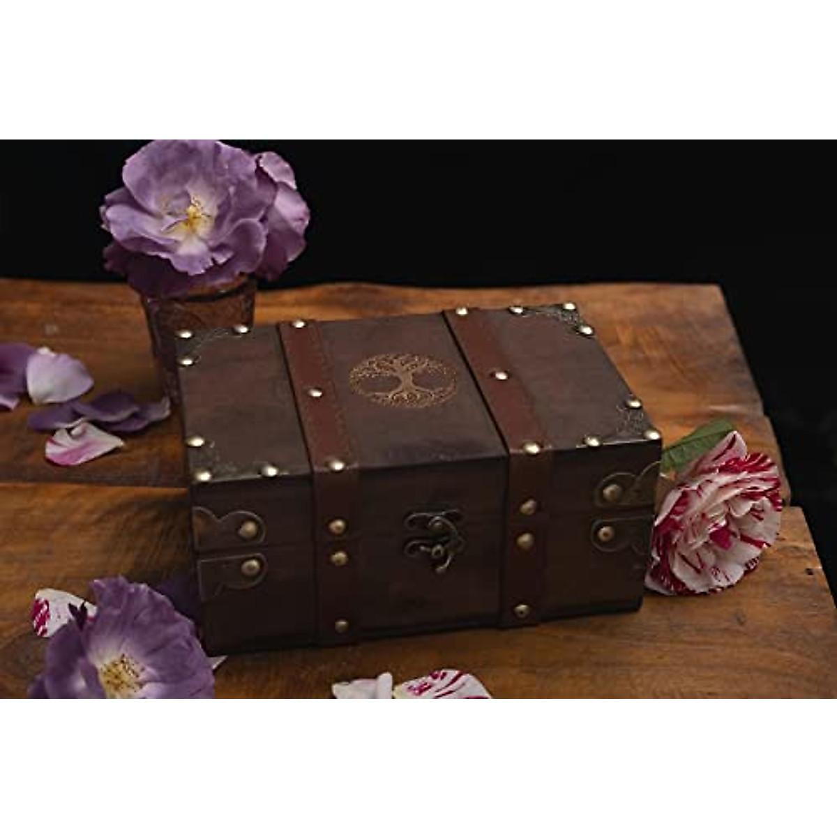 Gbrand 8.3" Wood and Leather Chest Box with Velvet Lining, Yggdrasil Tree of Life Engraved Wooden Box, Pentacle Wiccan Supplies and Tools Storage Box, Home Decor Box (Tree of Life)