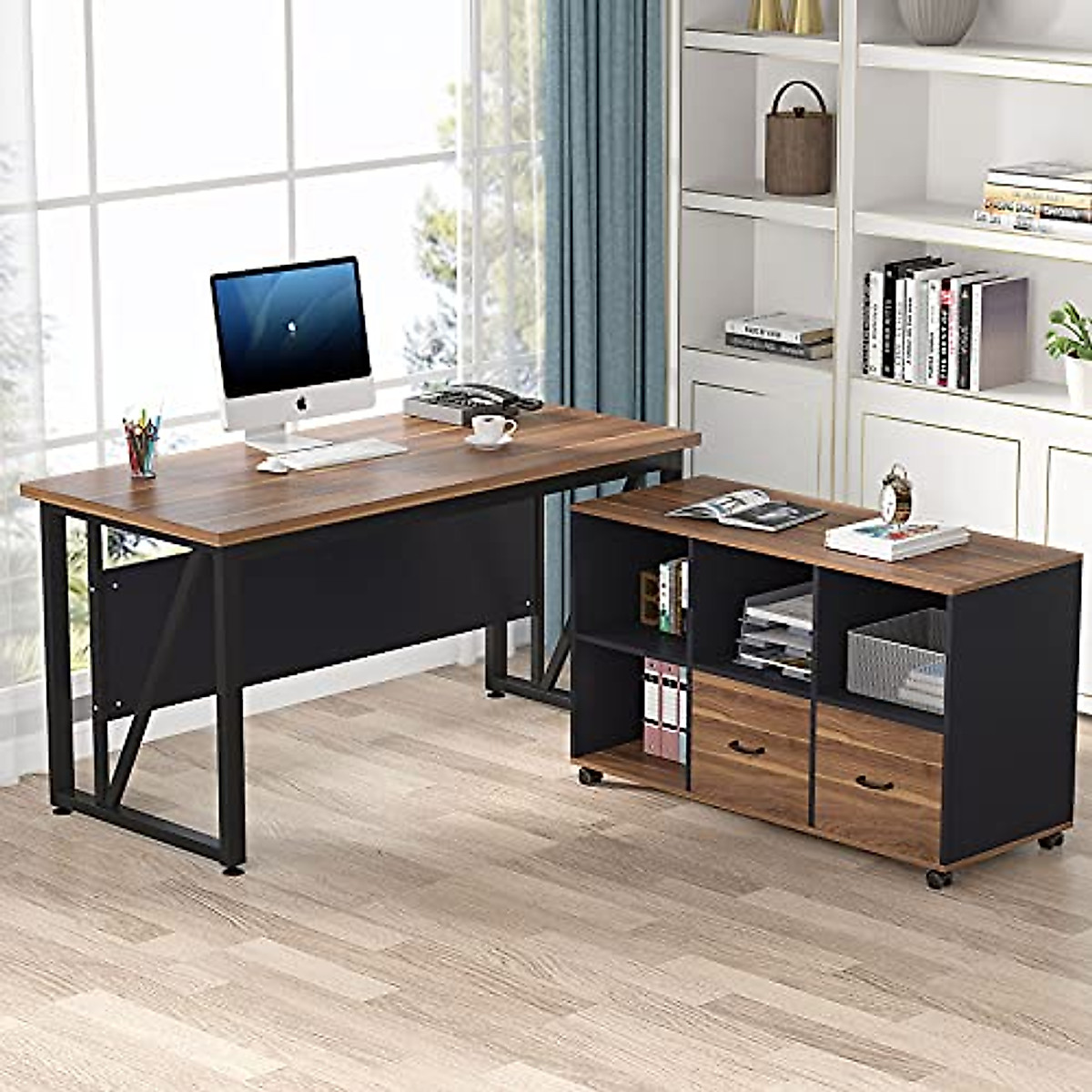Tribesigns 55 inches Executive Desk and 43" lateral File Cabinet, L-Shaped Computer Desk Home Office Furniture with Drawers and Storage Shelves, Office Table with Cabinet,Rustic