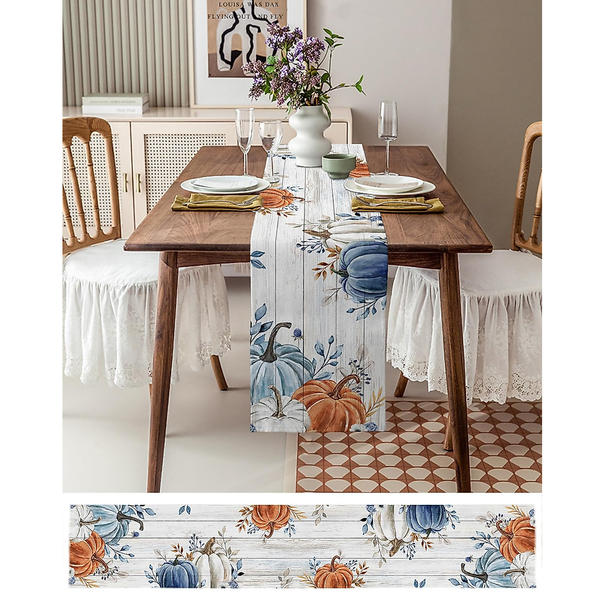 Fall Table Runner Blue Pumpkin Table Runners for Dining Room Leaves Floral Wood Grain Dinner Runner Thanksgiving Kitchen Decor 13" x 72"