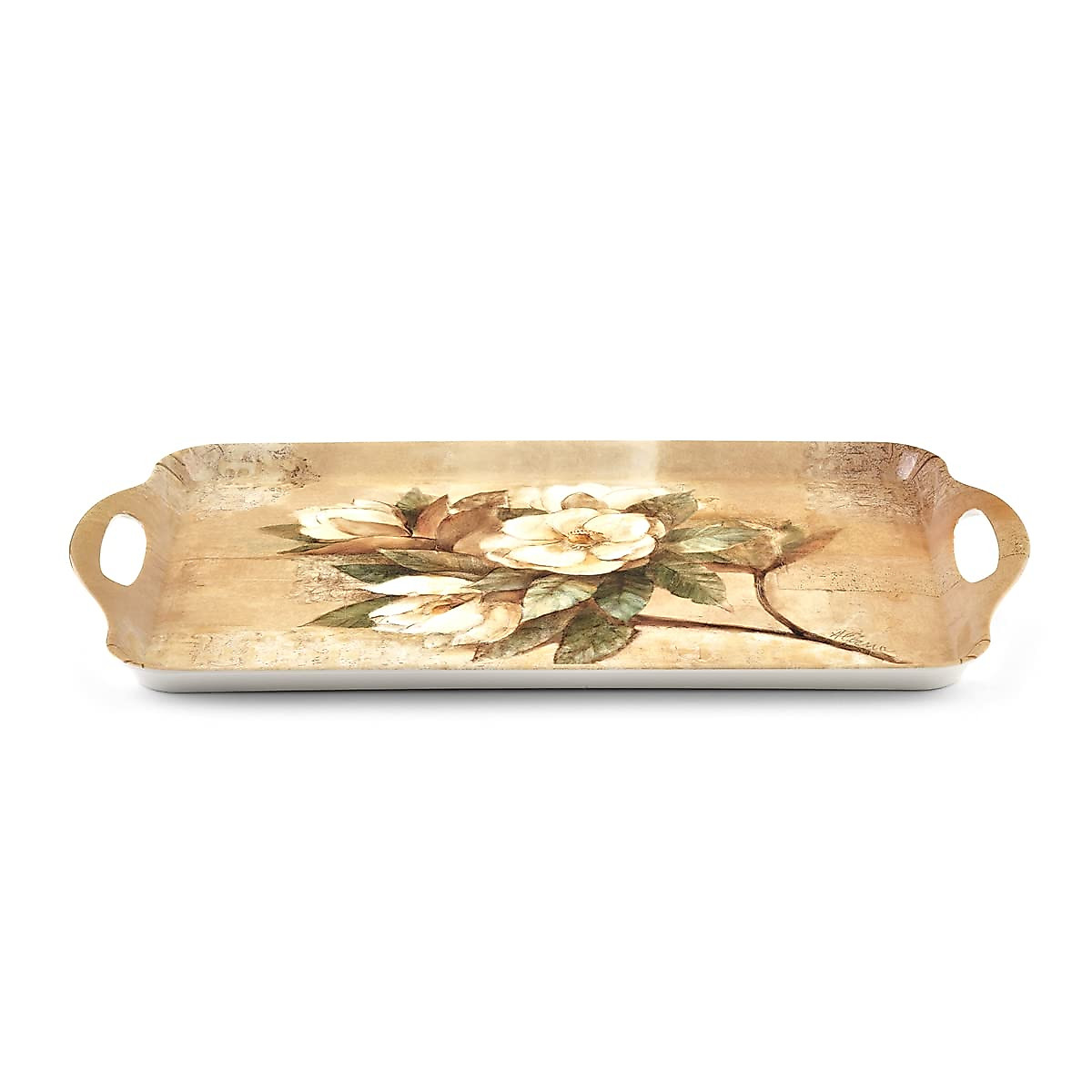 Pimpernel Sugar Magnolia Collection Large Handled Tray | Serving Tray for Lunch, Coffee, or Breakfast | Made of Melamine for Indoor and Outdoor use | Measures 18.9" x 11.6" | Dishwasher Safe