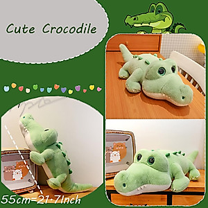 ELAINREN Super Furry Crocodile Plush Kids Pillow Big Eyes Gator Stuffed Throw Pillow Cute Green Alligator Plushie Toy Gifts/21.7''