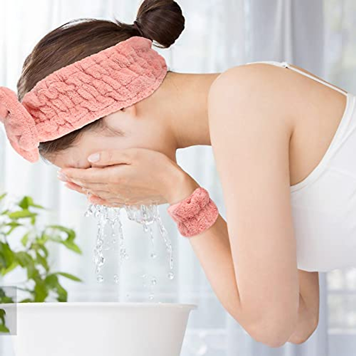 3 Pieces Face Wash Headband and Wristband Set, Spa Headband Makeup Skincare Headbands Wrist Towels Wrist Bands for Washing Face (Pink)