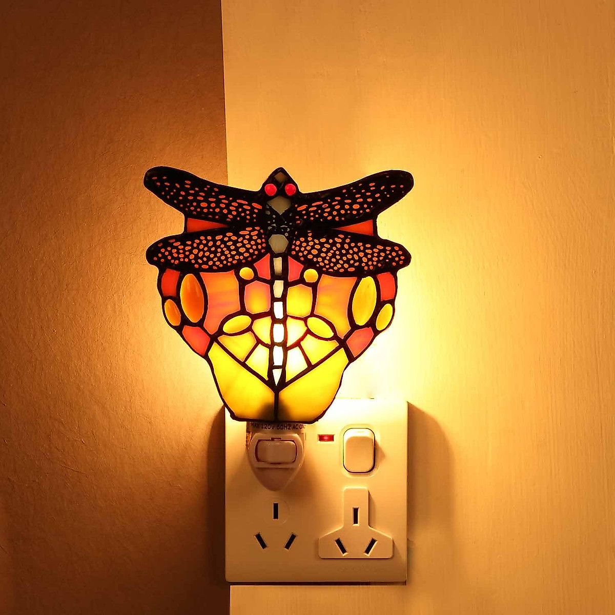 Bieye L11401 Tiffany Style Stained Glass Dragonfly Wall Lamp with Plug-in Night Light Socket for Home Decor