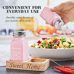 Pink Salt and Pepper Shakers Set with Holder - Pink Kitchen Home Decor and Accessories - Dopeca Glass Salt Shaker with Wood Tray for Kitchen Counter or Table -2.7 oz