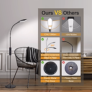 OUTON LED Floor Lamp, 12W 1080LM, Dimmable Adjustable Gooseneck Standing Lamp with 4 Color Temperature, Remote & Touch Control, 1H Timer, Memory Function for Reading Living Room Bedroom Office (Black)