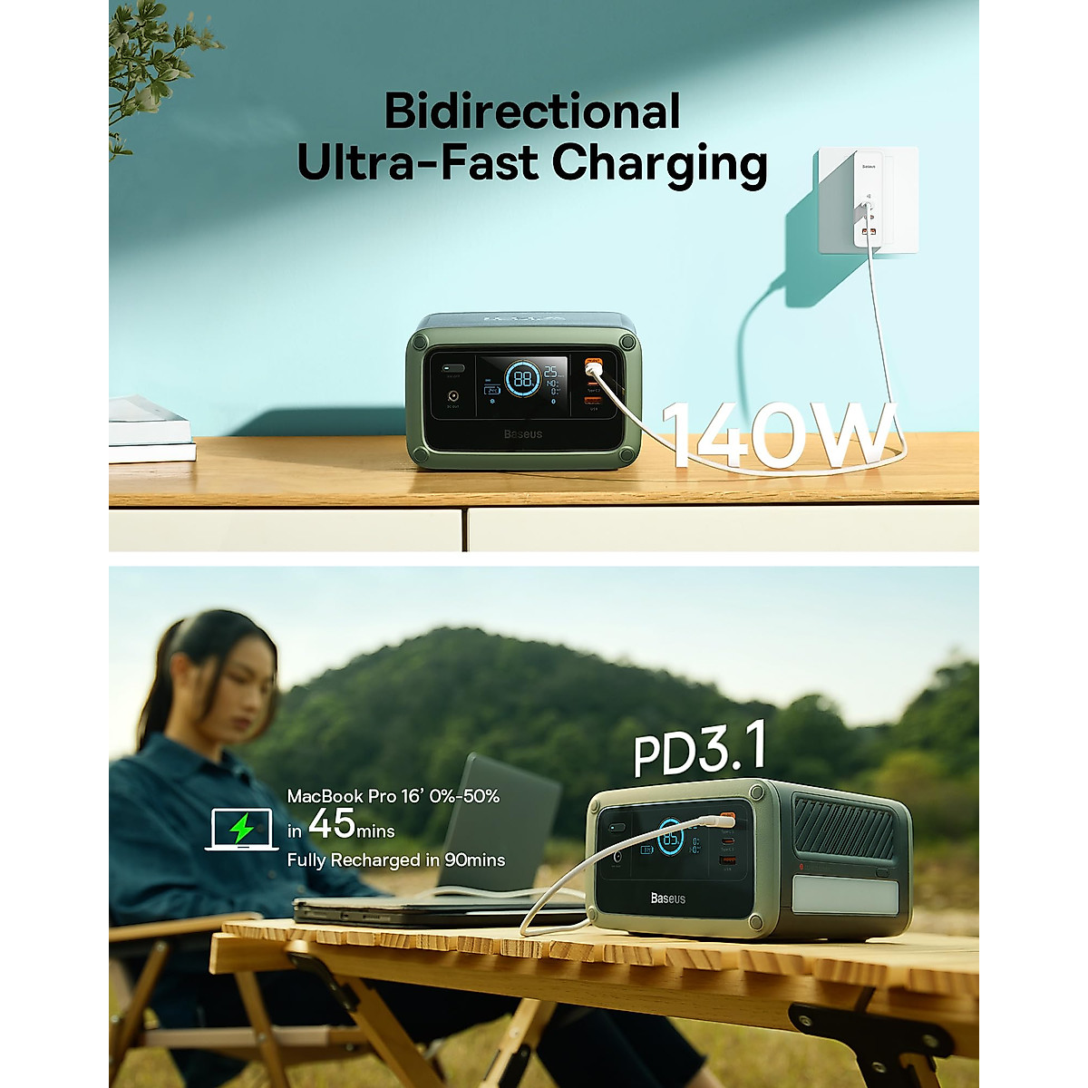 Baseus Laptop Power Bank 140W - 48,000mAh 6-Port Portable Power Station with 2 AC Outlets, Smart Digital Display, LED Light, LiFePO4 Backup Battery Pack for MacBook, Dell, Travel, Outdoor Camping