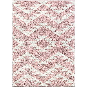 Well Woven Tribal Diamond Medallion Blush Pink Soft Shag Area Rug 5x7 (5'3"x7'3")