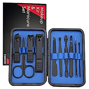 Manicure Set Nail Clipper set Stainless Steel Professional Pedicure kit for thick Toenail & Fingernails Vibrissa Scissor Eyebrow Cutter File Grooming Kit Gift for Men Women with Exquisite Case(Blue)