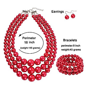 KOSMOS-LI Large Pearl Jewelry Set 3 Layer Simulated Red Pearl Women's Statement 18" Necklace Bracelet and Earrings
