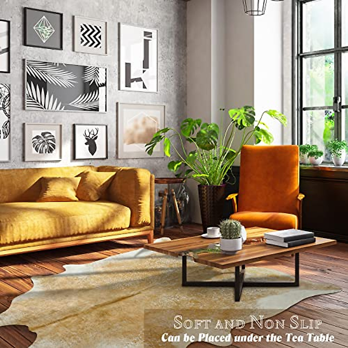 Rtizon Faux Cowhide Rug for Living Room, 4.6 x 5.2 Feet Khaki, Cow Print Skins Rug for Bedroom, Durable Premium Faux Fur Animal Cow Hide Rugs Carpet for Western Decor