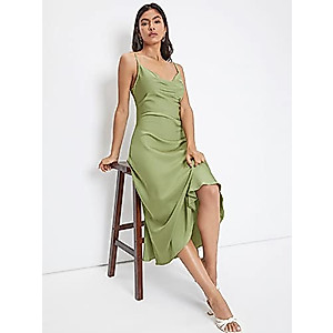 Floerns Women's Spaghetti Strap Cowl Neck Long Slip Satin Silk Midi Dress Green S