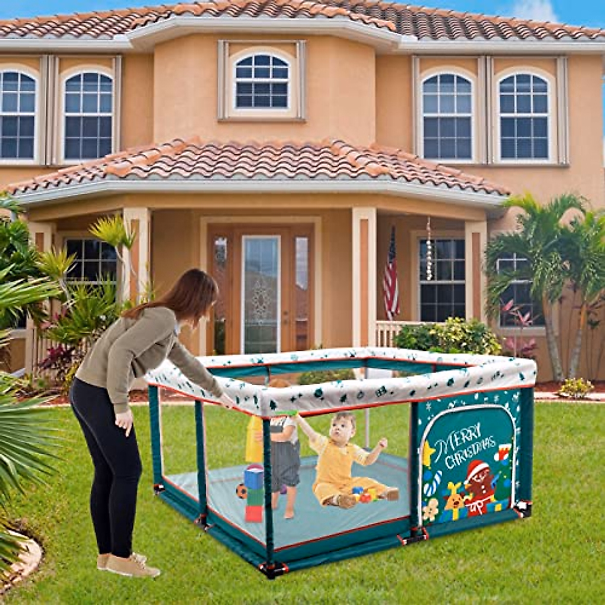 Jomifin Baby Play Fence Large Area Playard Activity Center with Anti-Slip Base, Breathable Mesh, for Indoor & Outdoor (Green)