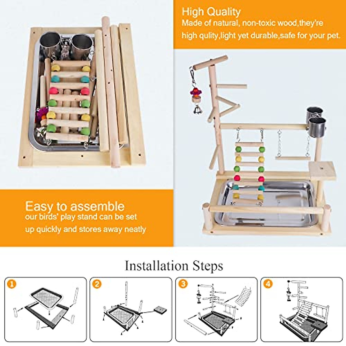 Fantasyday Bird Play Stand, Natural Wooden Bird Playground Birds Gym Bird Toy Accessories with Stainless Steel Feeding Stair Swing for Parrots, Finches # 2