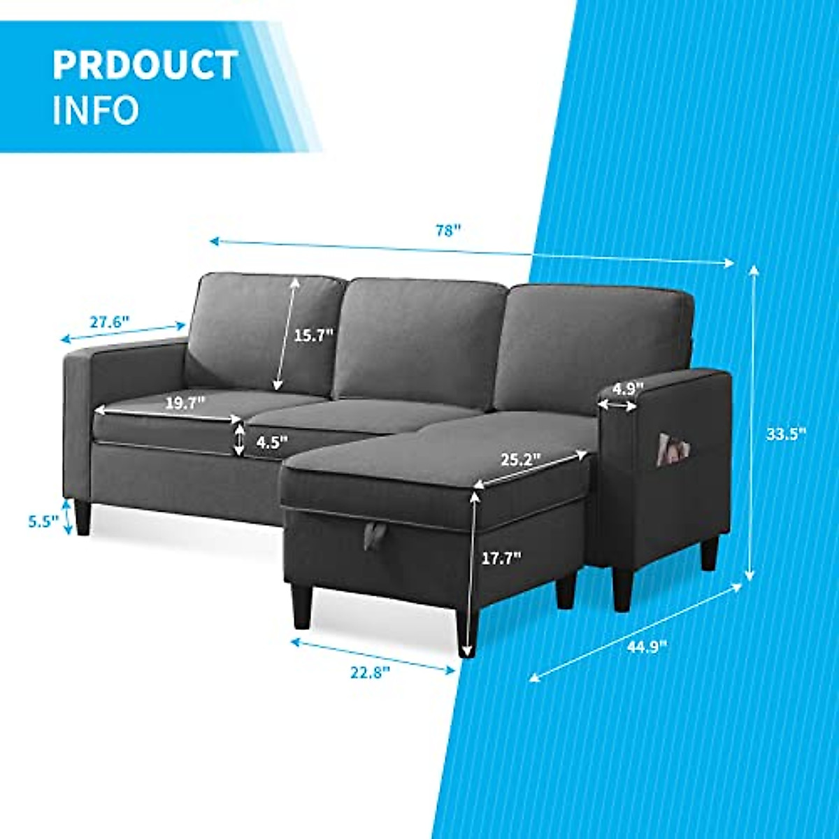 Horgaeo Convertible Sectional Sofa Couch, 3-Seat L-Shaped Couch with Storage Ottoman, Wooden Legs Modern Linen Fabric Reversible Chaise for Living Room, Bedroom, Apartment (Dark Grey) 78''