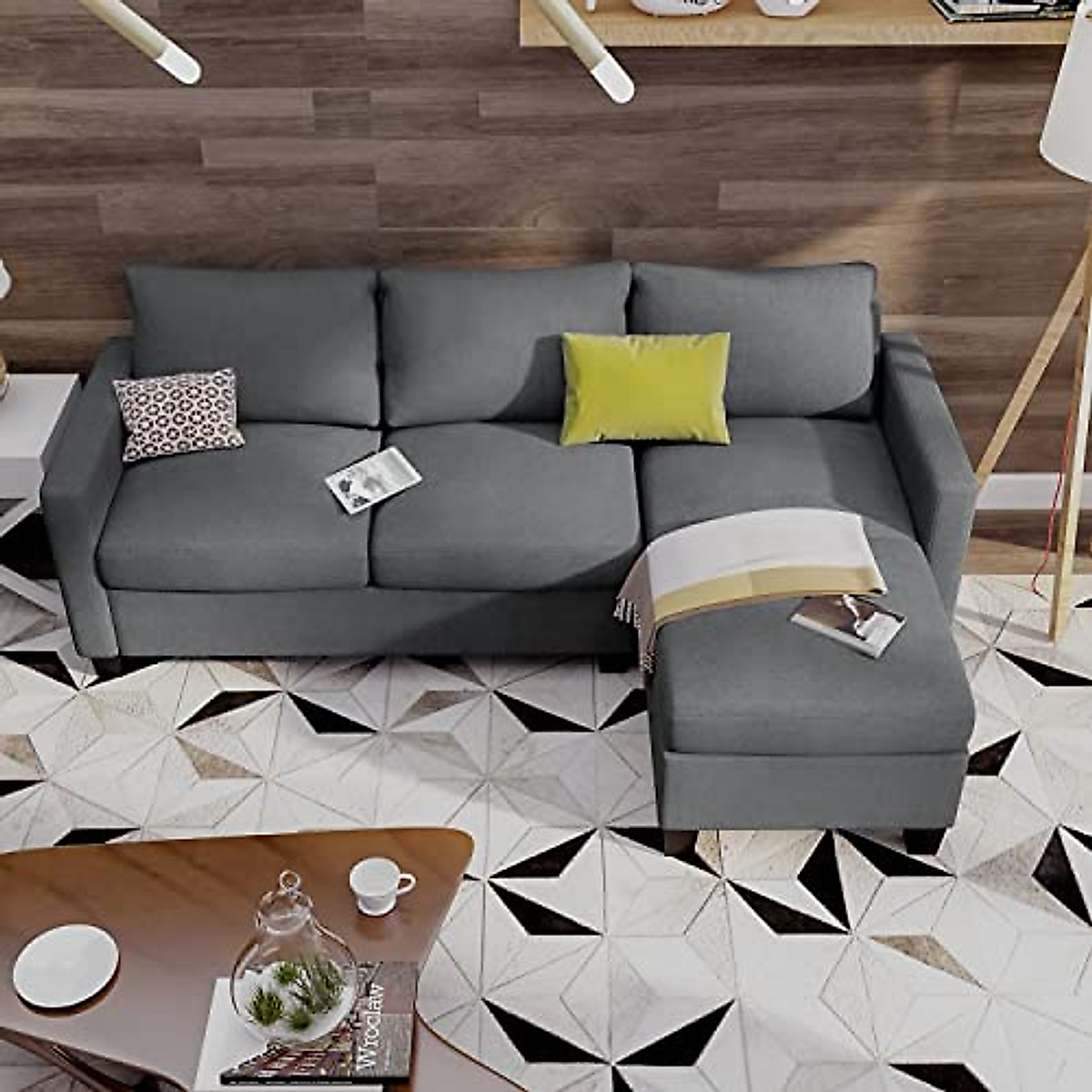 YESHOMY Convertible Sectional, Modern Linen Fabric L-Shaped Couch 3-Seat Sofa, Dark Gray