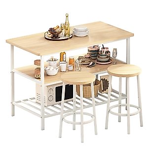 AWQM Island Table with Seating and Storage, Beige, 3 Shelves, Wooden Counter Height Table Top, 2-piece Bar Table Set for Small Space