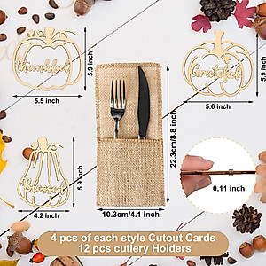 Fall Plate Decor 12 Pieces Pumpkin Wood Cutouts Thanksgiving Table Setting Wooden Word Cards with 12 PCS Burlap Cutlery Pouch Bags for Holiday Harvest Utensil Home Party Decor