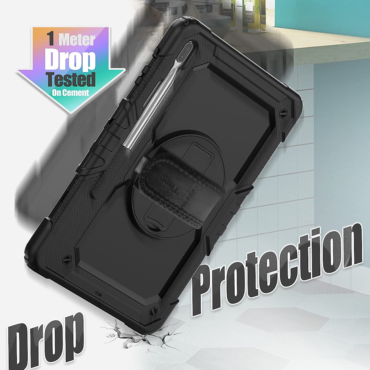timecity Case for Samsung Galaxy Tab S8 Plus/ S7 FE 5G Case 12.4'' with Screen Protector & 360° Swivel Kickstand & Hand Shoulder Strap Case for Galaxy Tab S7 FE/ S8 Plus/ S7 Plus 12.4 inch -Black