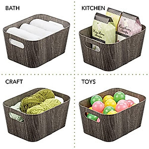 mDesign Wood Print Food Bin Box with Handles - Rustic Basket for Kitchen and Pantry Vegetable and Potato Storage - Perfect for Garlic, Onions, Fruit, and More - 12" Long - 4 Pack - Black