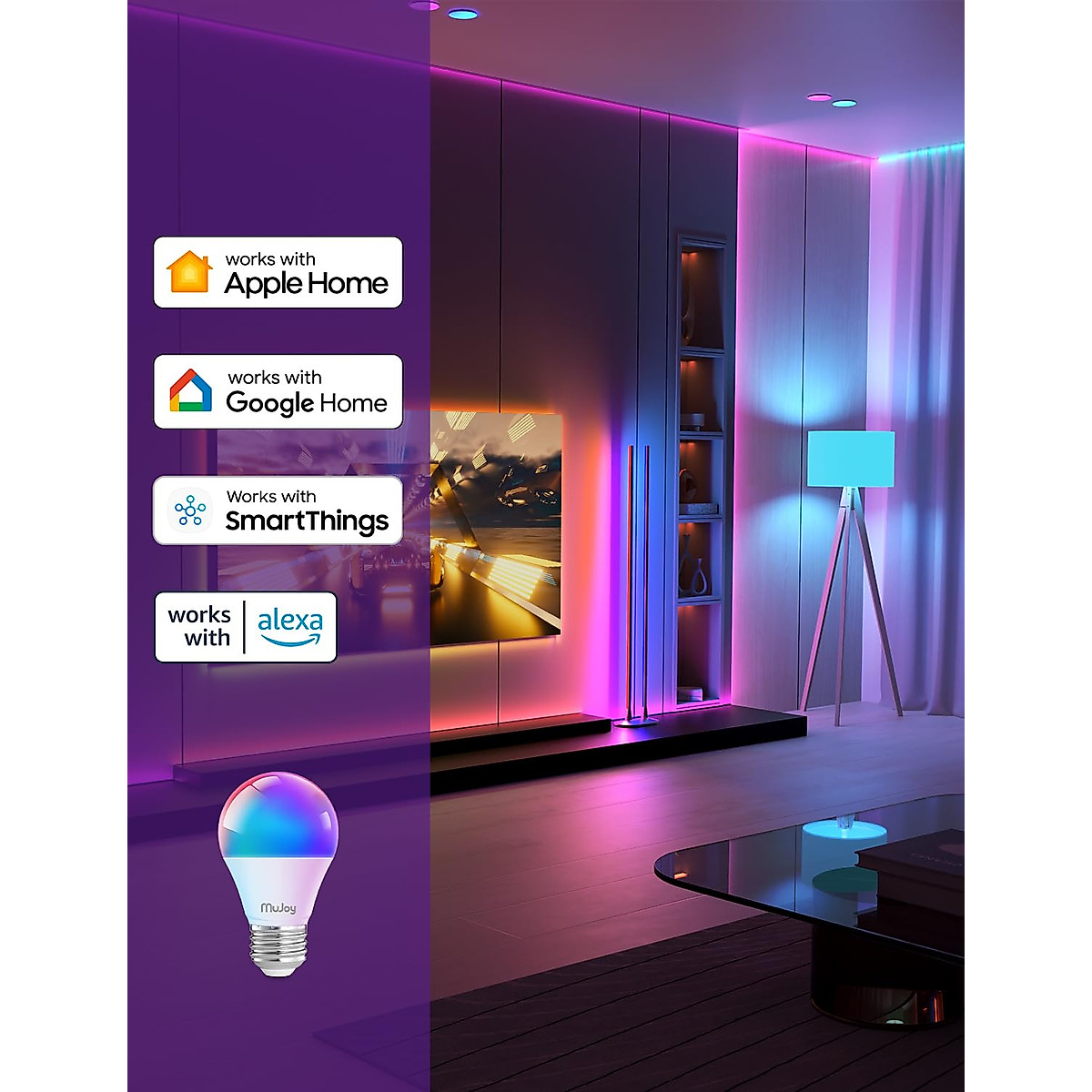 mujoy Smart Light Bulbs (Matter), Color Changing Light Bulb Work with Google Home/Alexa/Apple Home, A19 E26 Alexa Smart Light Bulb, 800LM CRI>90 RGBWW Music Sync, 60W Equivalent, 4 Pack