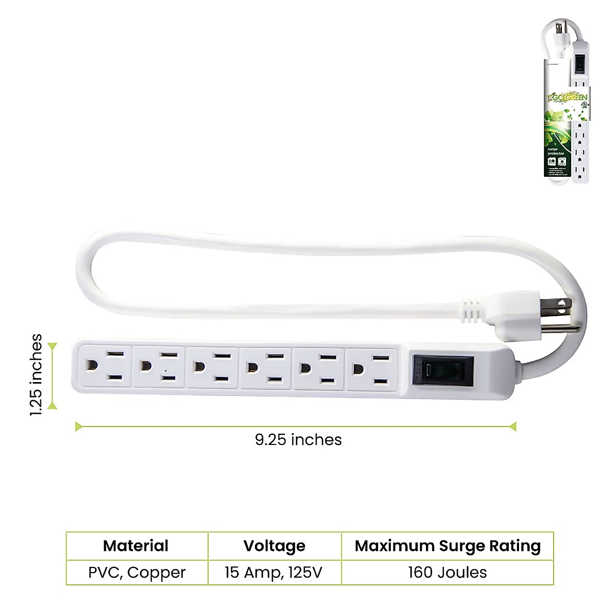 Go Green Power Inc. GG-16103MIN 6 Outlet Mini Surge Protector, White