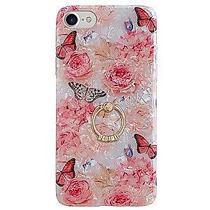 Qokey Compatible with iPhone SE Case 2022/2020,iPhone 8 Case,iPhone 7 Case 4.7 inch Flower Cute Fashion Cover for Women Girl 360 Degree Rotating Ring Kickstand Soft TPU Shockproof Cover Rose Butterfly