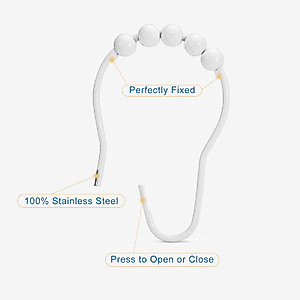 Shower Curtain Hooks, OEH Stainless Steel Shower Curtain Rings, Roller Gliding Shower Hooks for Shower Curtain, Rustproof Shower Rings for Curtain, Shower Curtain, Shower Rod, Set of 12, White