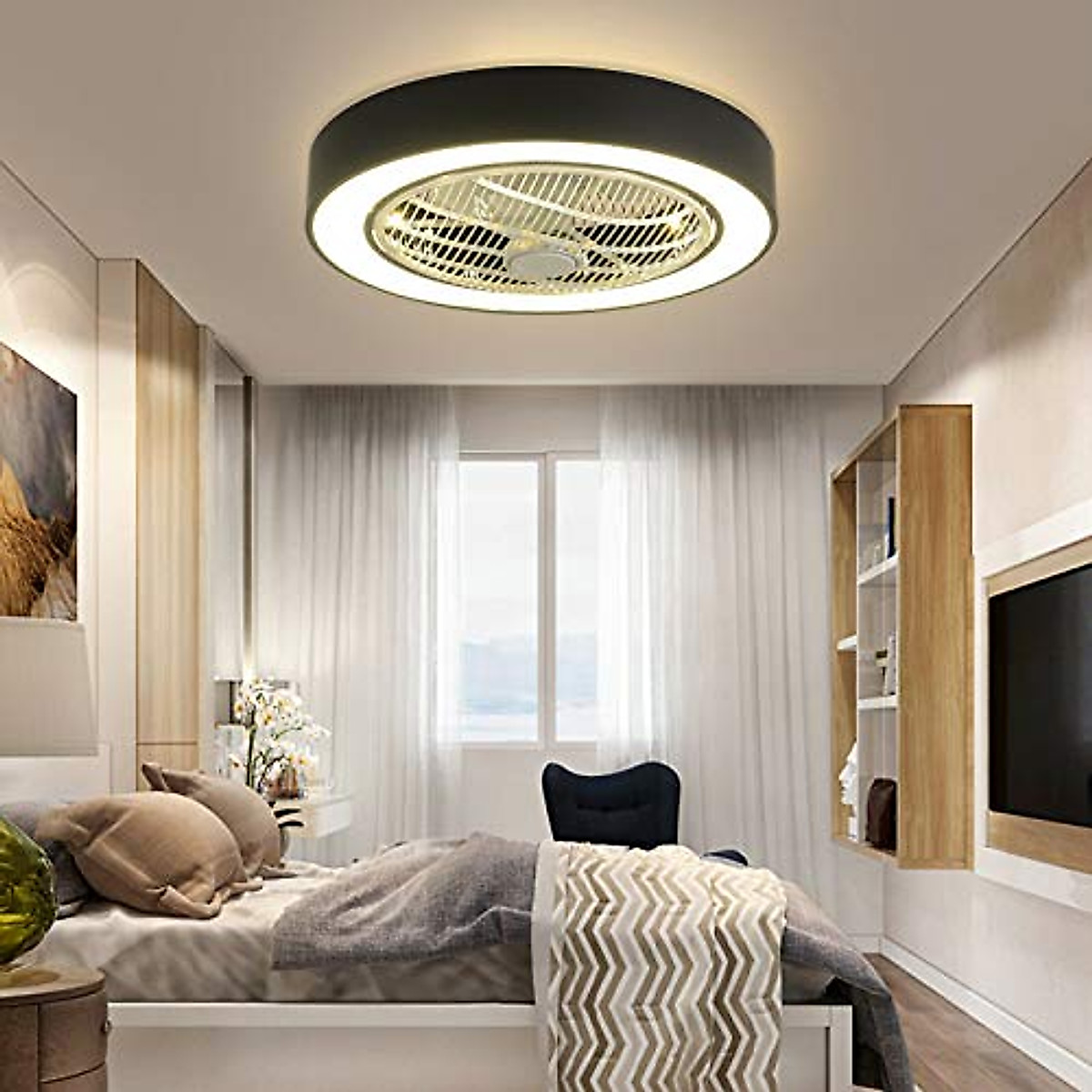 YIYIBYUS 23.5 Inch Modern Black Chandelier Ceiling Fan LED 3 Colors 3 Speeds Ceiling Fan with Light and Remote Control Mute Suitable for Living Room, Bedroom, Dining Room