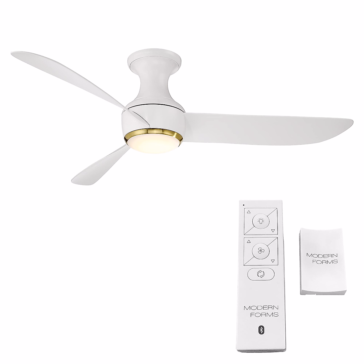 Corona Smart Indoor and Outdoor 3-Blade Flush Mount Ceiling Fan 52in Satin Brass White 3000K LED Light Kit and Remote Control works with Alexa, Google Assistant, Samsung Things, and iOS or Android App