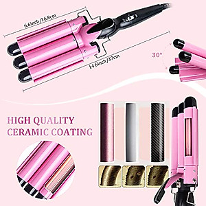 3 Barrel Curling Iron-Dual Voltage Hair Crimper,1 Inch Ceramic Tourmaline with Temperature Adjustable Hair Waver Style Tool(Pink)
