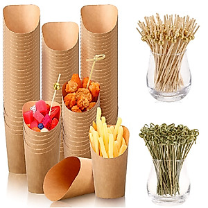 Potchen 250 Pcs Charcuterie Cups with Cocktail Picks Set 50 12 oz Brown French Fry Disposable Kraft Appetizer Take out Party Baking Popcorn Boxes 200 2 Types Food for Appetizers