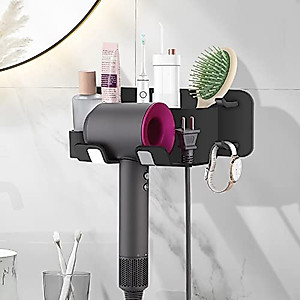Hair Dryer Holder Wall Mounted - Bathroom Hair Tools Organizer with Hooks and Cup for Blow Dryer and Hair Straighteners - Bath Supplies Tray Stand Makeup Toiletries Storage Bracket for Space Saving