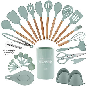 Country Kitchen Cooking Utensils Set - 40 pcs Non-stick Silicone Spatula Set with Holder, Wooden Handles and Heat Resistant Gadgets Utensil