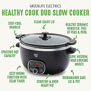 GreenLife 6 Quart Ceramic Slow Cooker, PFAS-Free, Programmable, Removable Healthy Nonstick Pot for large families, Sear on Stovetop, Keep Warm, Digital Timer, Dishwasher Safe Glass Lid & Crock, Black