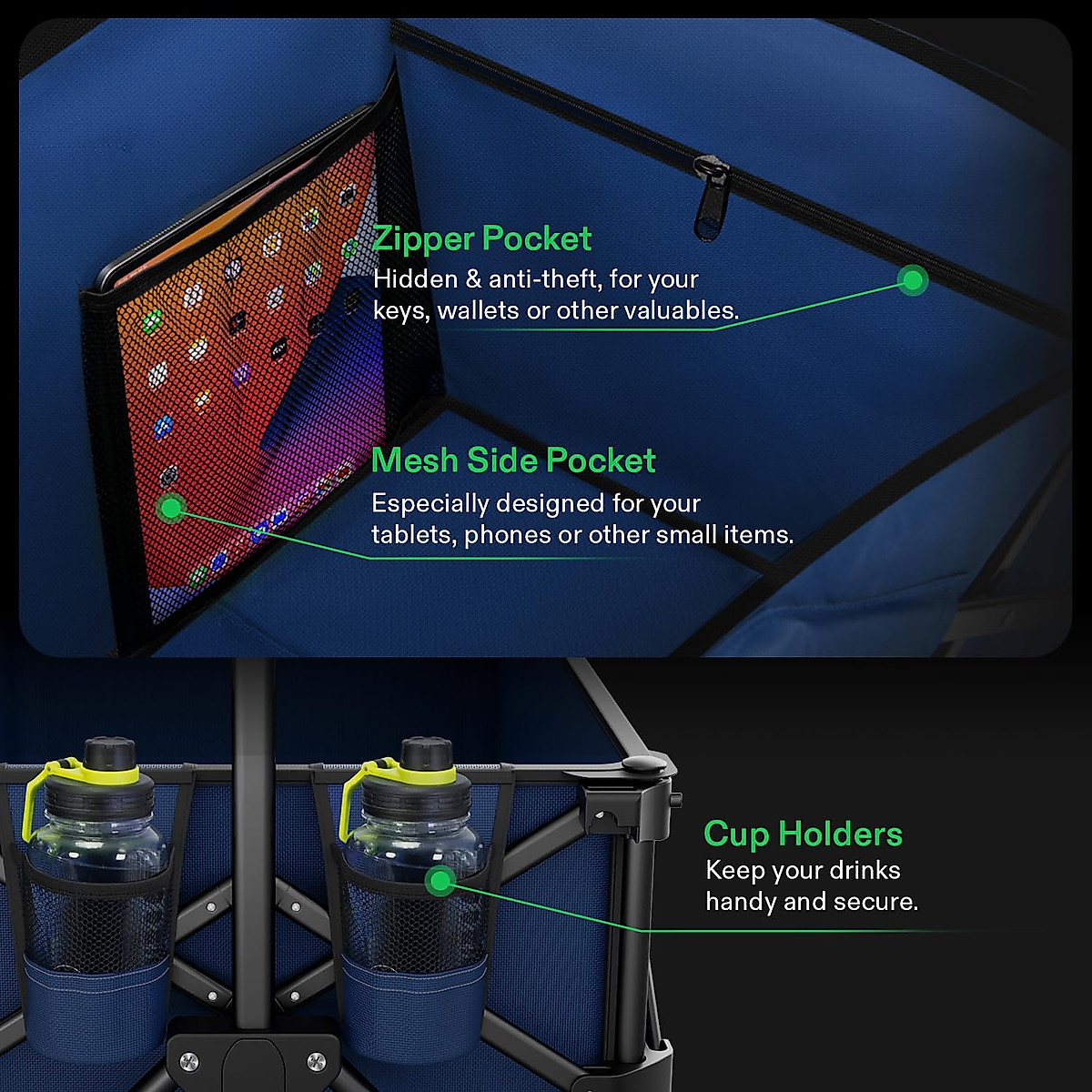 VIVOSUN Collapsible Folding Wagon, Outdoor Utility with Silent All-Terrain Beach Wheels, Adjustable Handle, Cup Holders & Side Pockets, for Camping, Beach, Shopping, Garden, Sports, Picnic, Blue