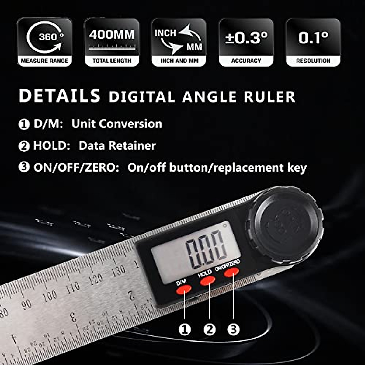 Digital Angle Finder Protractor,2 in 1 Auzof Angle Finder Ruler,7Inch / 200mm Stainless Steel Angle Measuring Tool with LCD Display for Woodworking/Carpenter(2 Batteries Included)