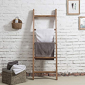 MyGift Rustic Brown Wood Blanket Ladder Farmhouse Shelf, Wall Leaning Towel Rack with 5 Rungs