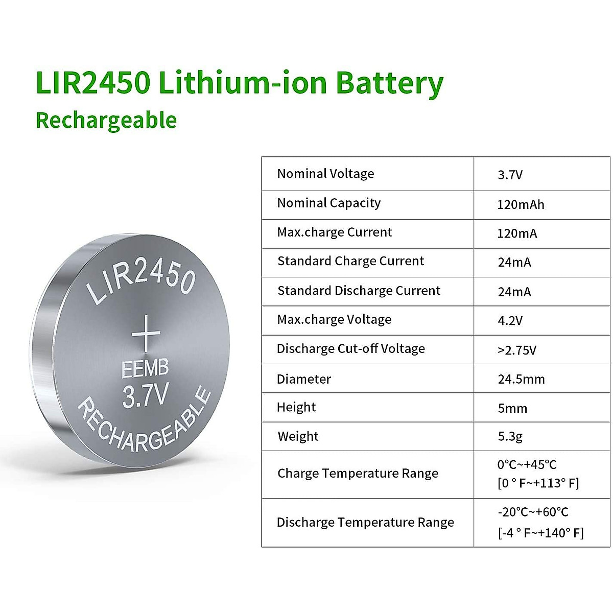 EEMB LIR2450 Rechargeable Battery 2450 Li-ion Battery Charger with 3.7V 120mAh Lithium-ion Coin Cell Battery