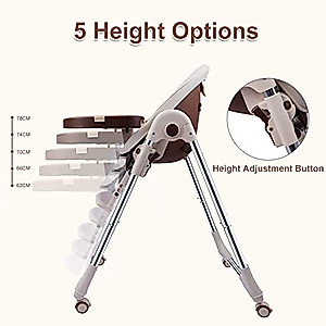 Baby High Chair for Toddlers Kids Feeding Height Convertible with Removable Tray, Multifunctional Portable Children Dining Reclining Chair Foldable with Wheels, Beige