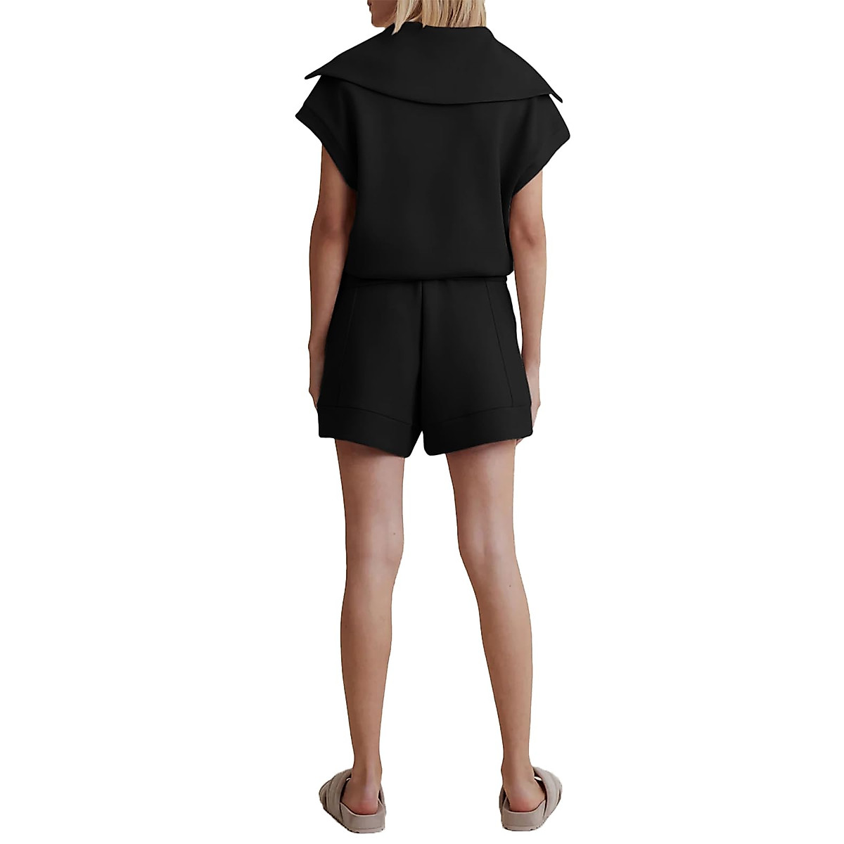 Zwurew Sweat Suits for Women 2 Piece Sets Summer Spring 2024 Short Sleeve Lounge Outfits with Shorts Black S