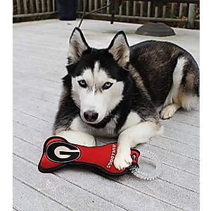 Pets First NCAA Georgia Bulldogs College Dental Tough Dog TUG Bone Toy with Built-in Squeaker Attached to a Safe Rubber Teething Toothbrush PET Toy, Team Color, 14 x 5 (GA-3310)