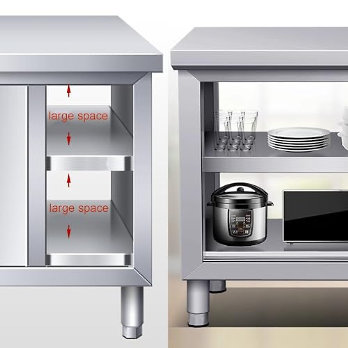 Double Pass Four Sliding Door Workbench Commercial Stainless Steel Preparation Table Not Easy to Rust Large Space Storage Cabinet Kitchen Chopping Table Stable and Not Shaking